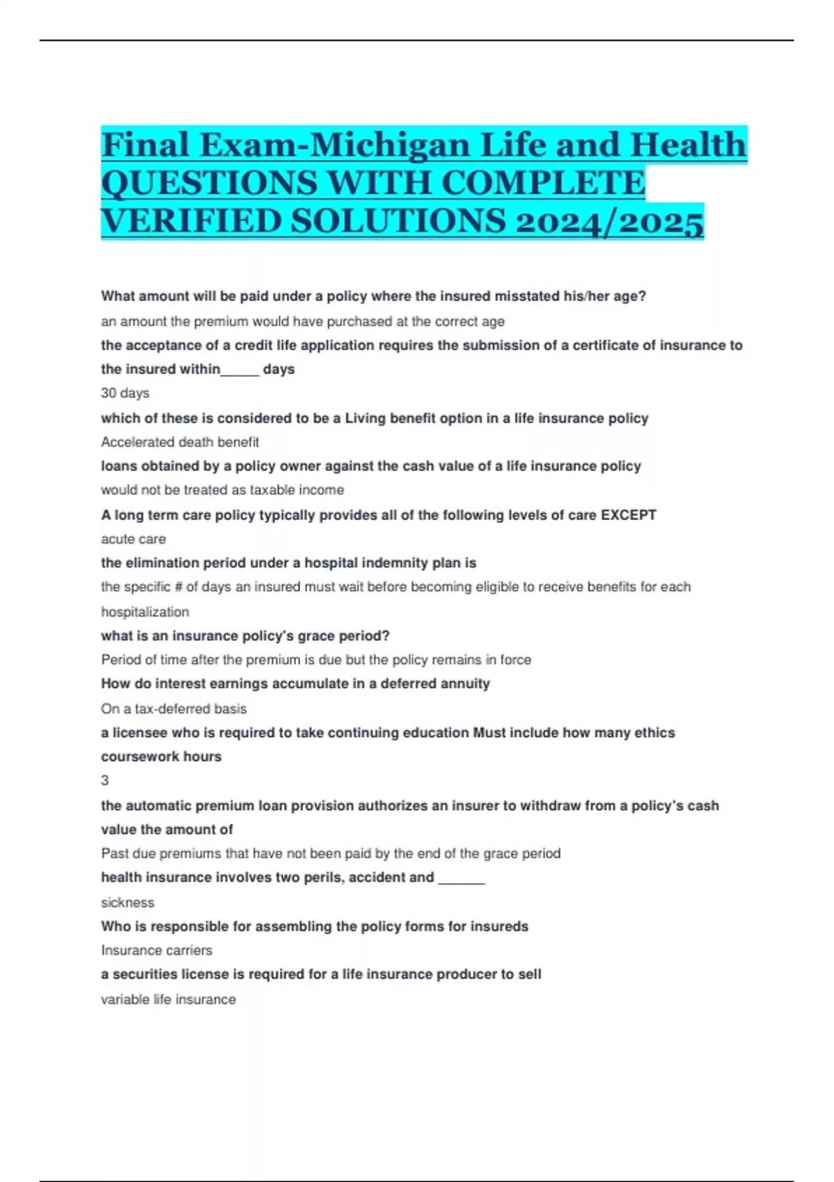 Final Exam-Michigan Life and Health QUESTIONS WITH COMPLETE VERIFIED ...