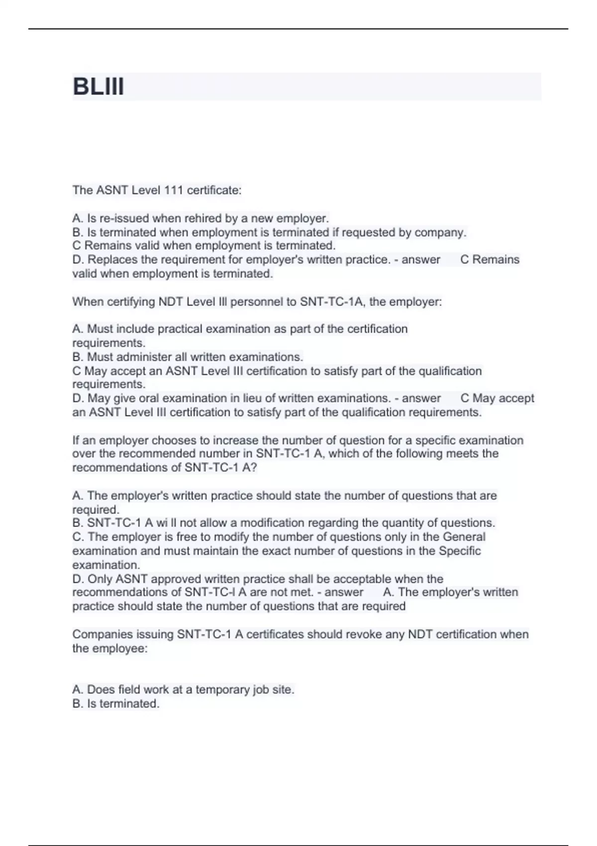 BLIII QUESTIONS WITH CORRECT ANSWERS 2024 - Asnt - Stuvia US