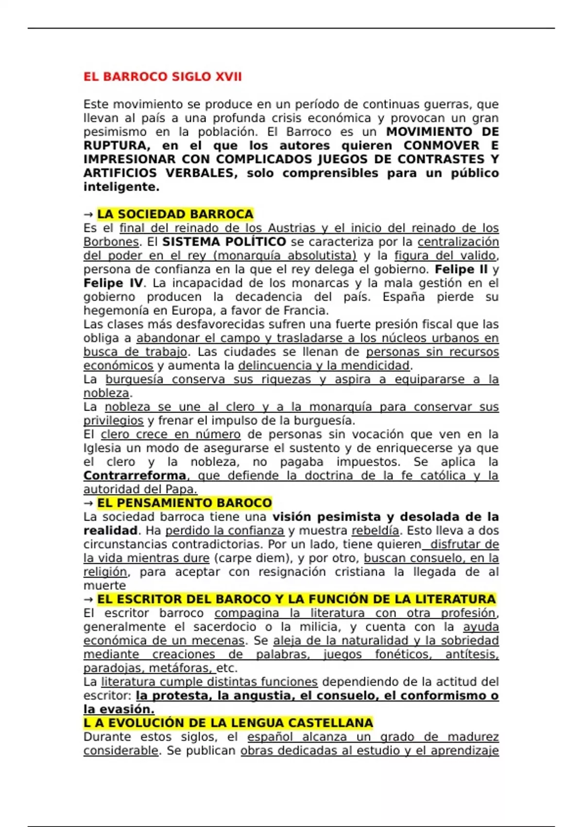 Sumario el barroco - Spanish Language and Literature - Stuvia ES