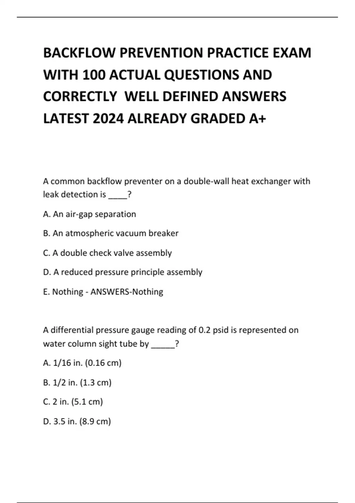 BACKFLOW PREVENTION PRACTICE EXAM WITH 100 ACTUAL QUESTIONS AND CORRECTLY WELL DEFINED ANSWERS ...