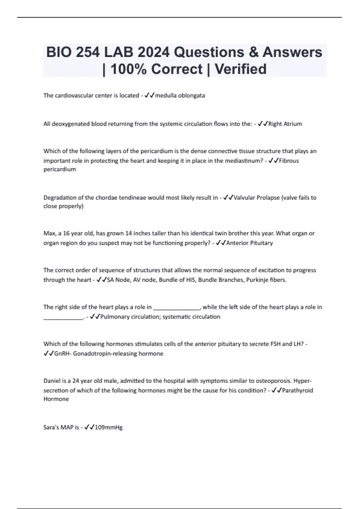 BIO 254 LAB 2024 Questions & Answers | 100% Correct | Verified - BIO ...