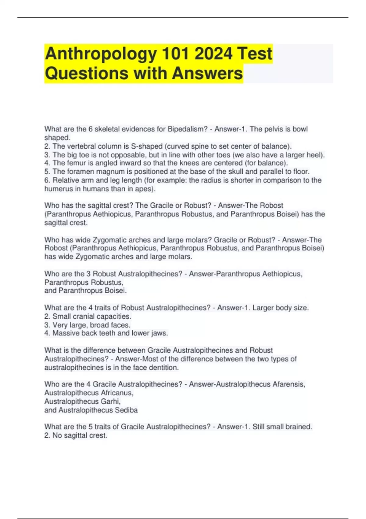 Anthropology 101 2024 Test Questions with Answers (1) - Anthropology ...