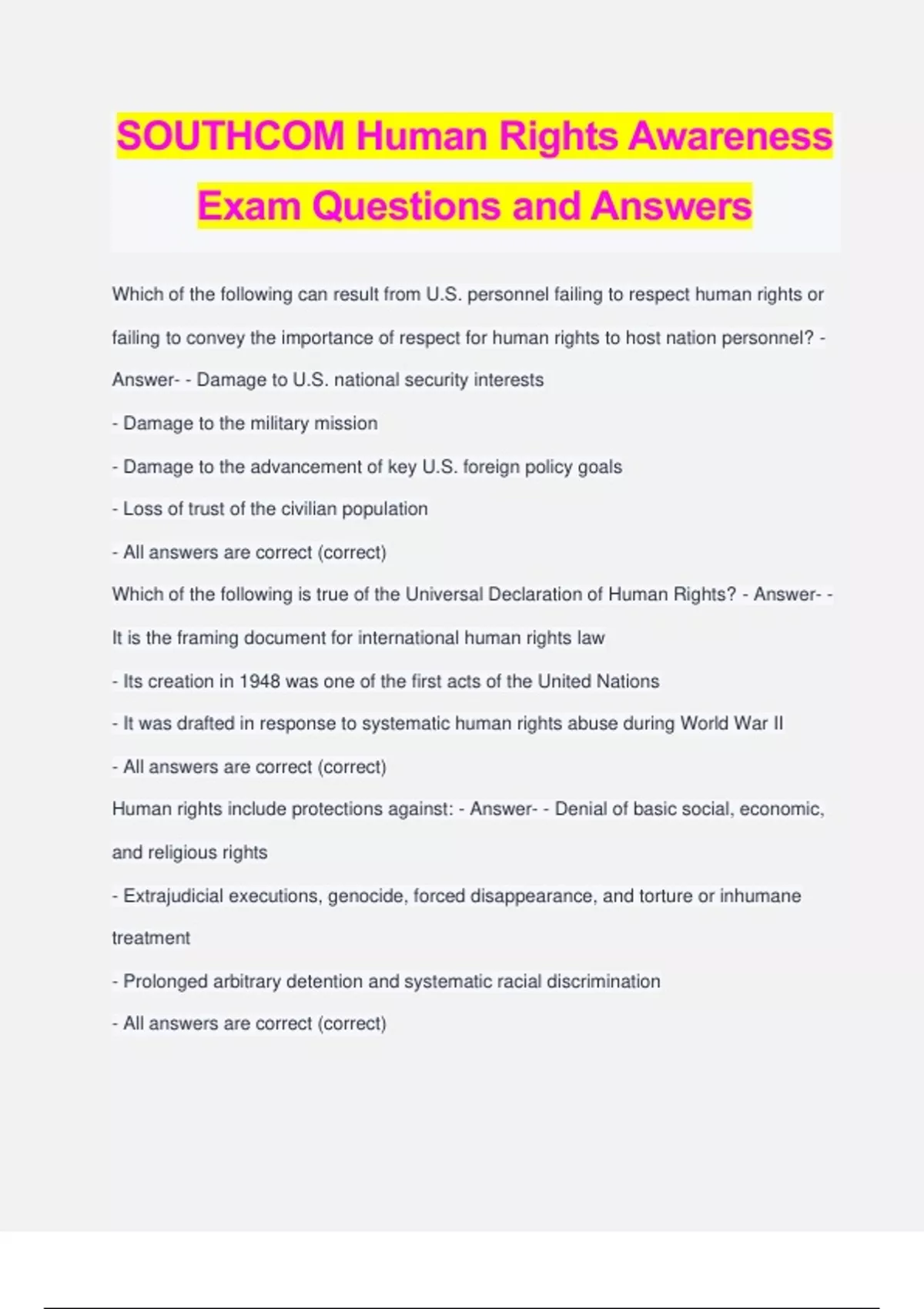 SOUTHCOM Human Rights Awareness Exam Questions and Answers - SOUTHCOM ...