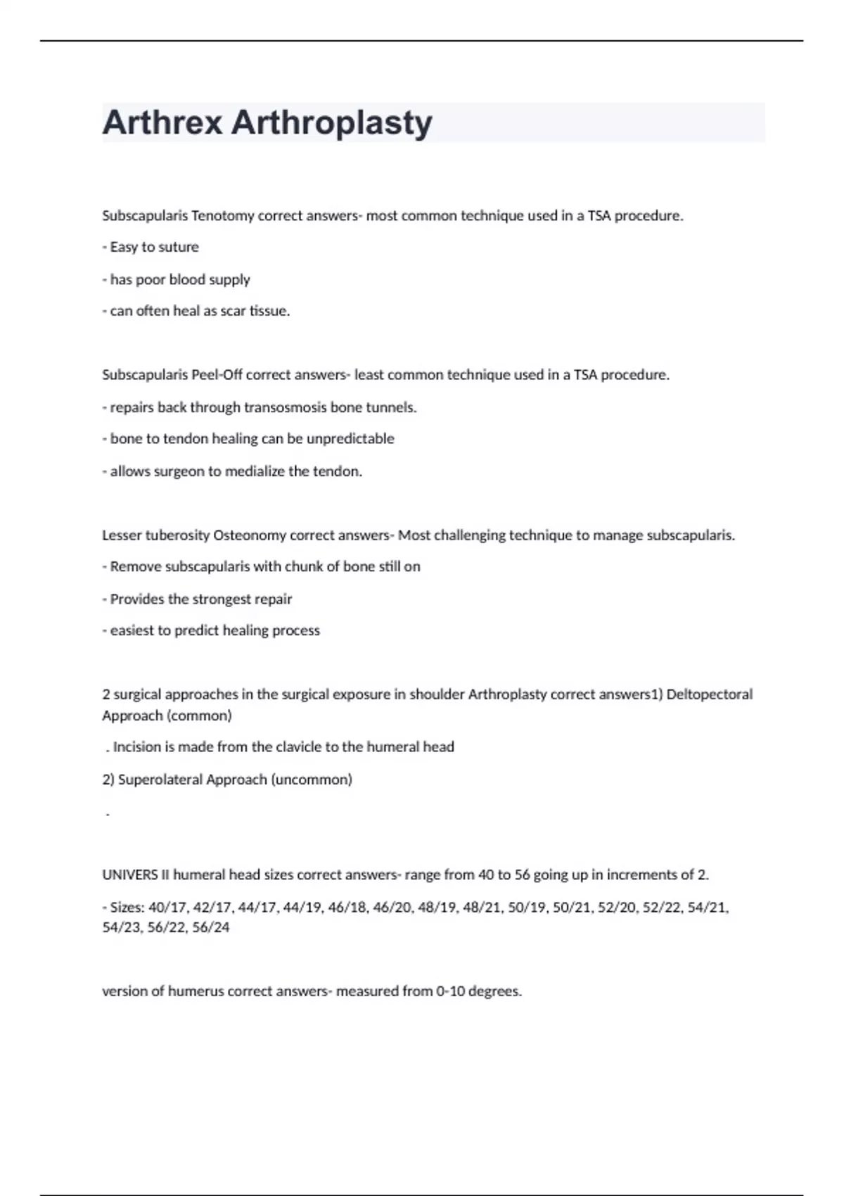 Arthrex Arthroplasty exam 2024 with 100% correct answers - Arthrex ...