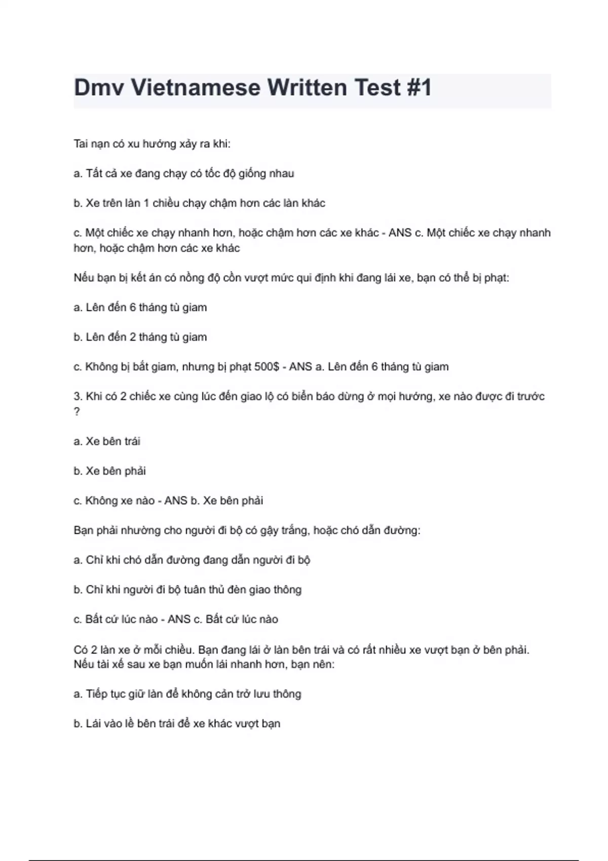 Dmv Vietnamese Written Test #1 Exam 2024/2025 Questions With Completed ...