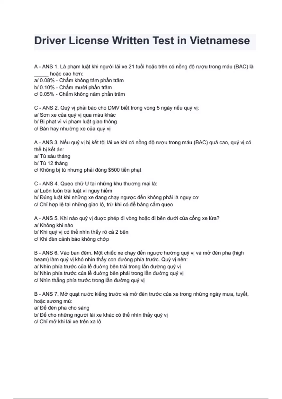 Driver License Written Test in Vietnamese Exam 2024/2025 Questions With ...