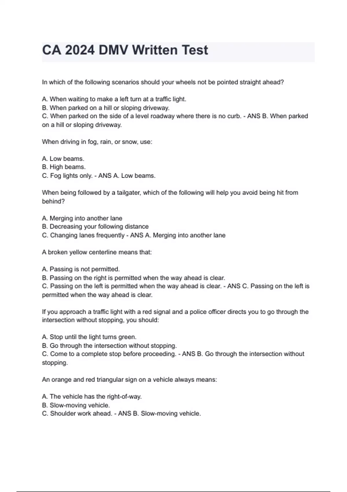CA 2024 DMV Written Test Exam 2024/2025 Questions With Completed ...