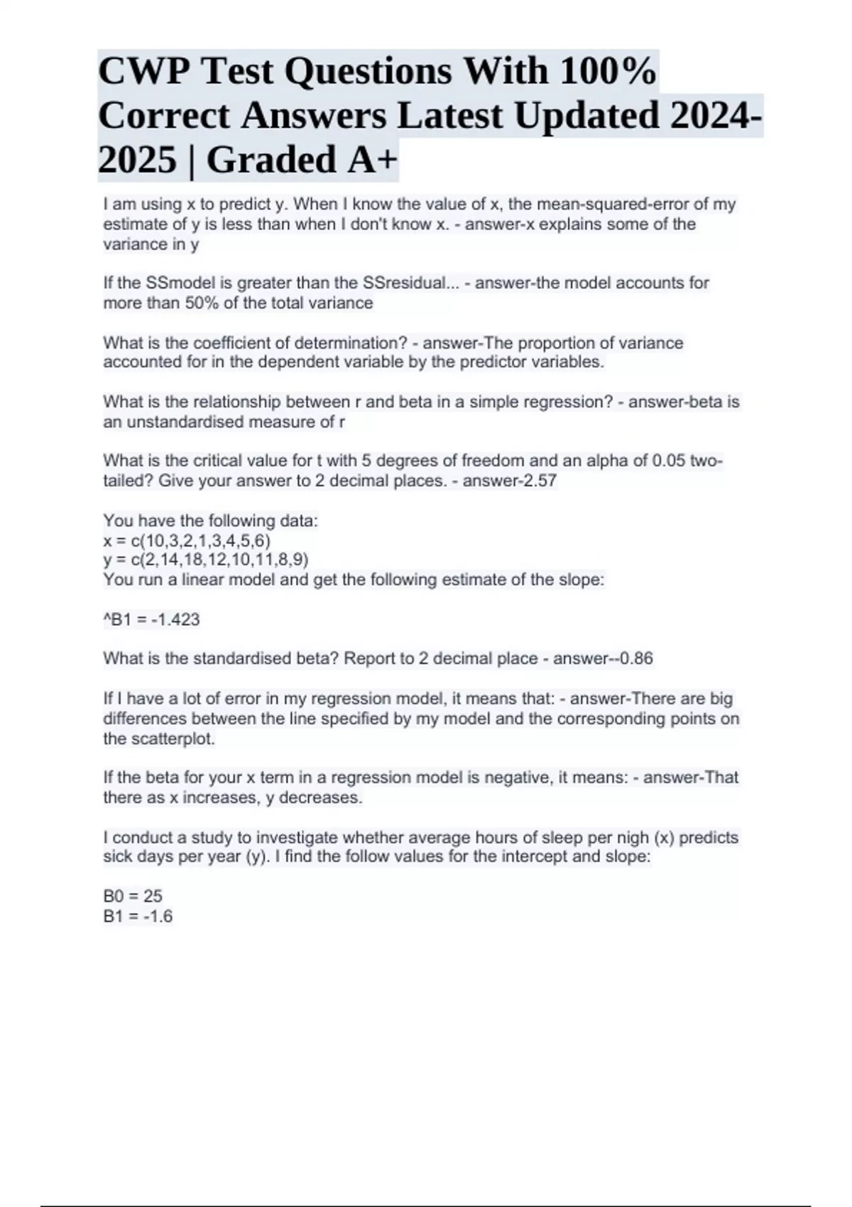 CWP Test Questions With 100% Correct Answers Latest Updated | Graded A+ ...