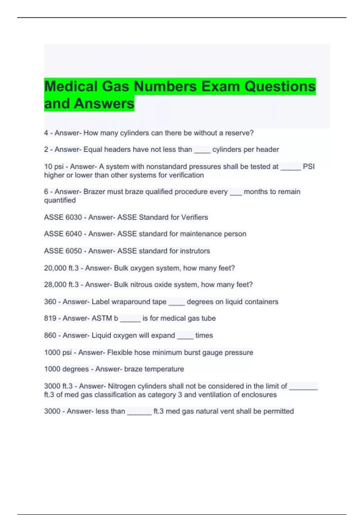 Medical Gas Numbers Exam Questions and Answers - Medical Gas - Stuvia US