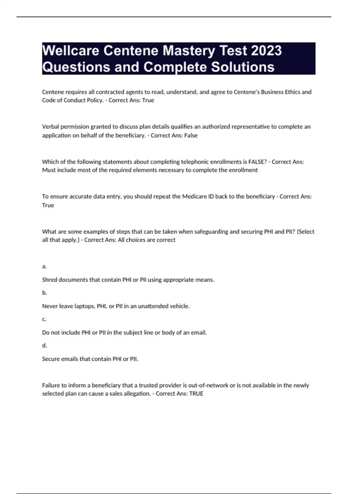 Wellcare Centene Mastery Test 2023 Questions and Complete Solutions ...