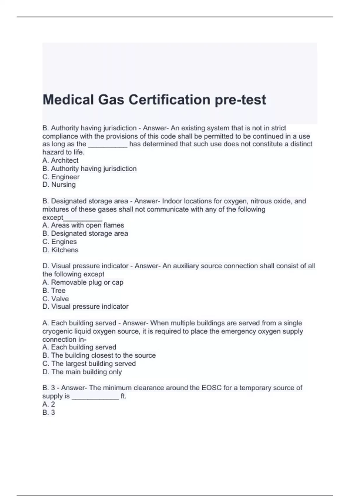 Medical Gas Certification pre-test questions and answers - Medical Gas ...