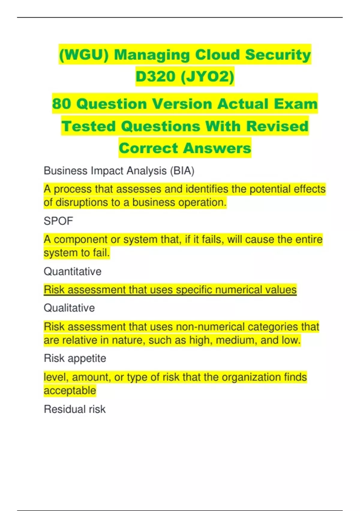 (WGU) Managing Cloud Security D320 (JYO2) 80 Question Version Actual ...