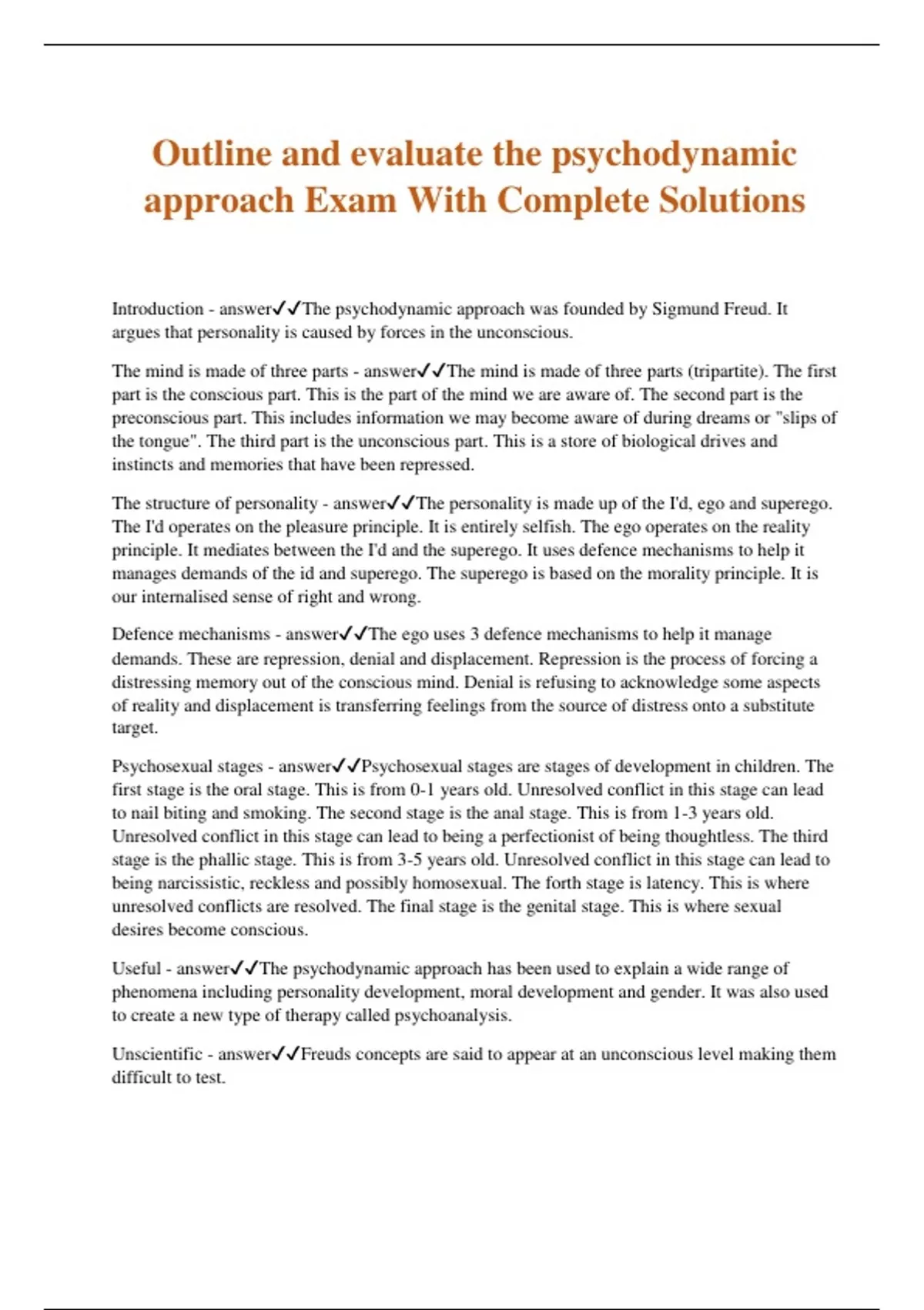 Outline and evaluate the psychodynamic approach Exam With Complete ...