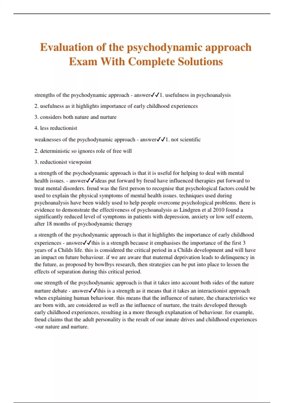 Evaluation of the psychodynamic approach Exam With Complete Solutions ...