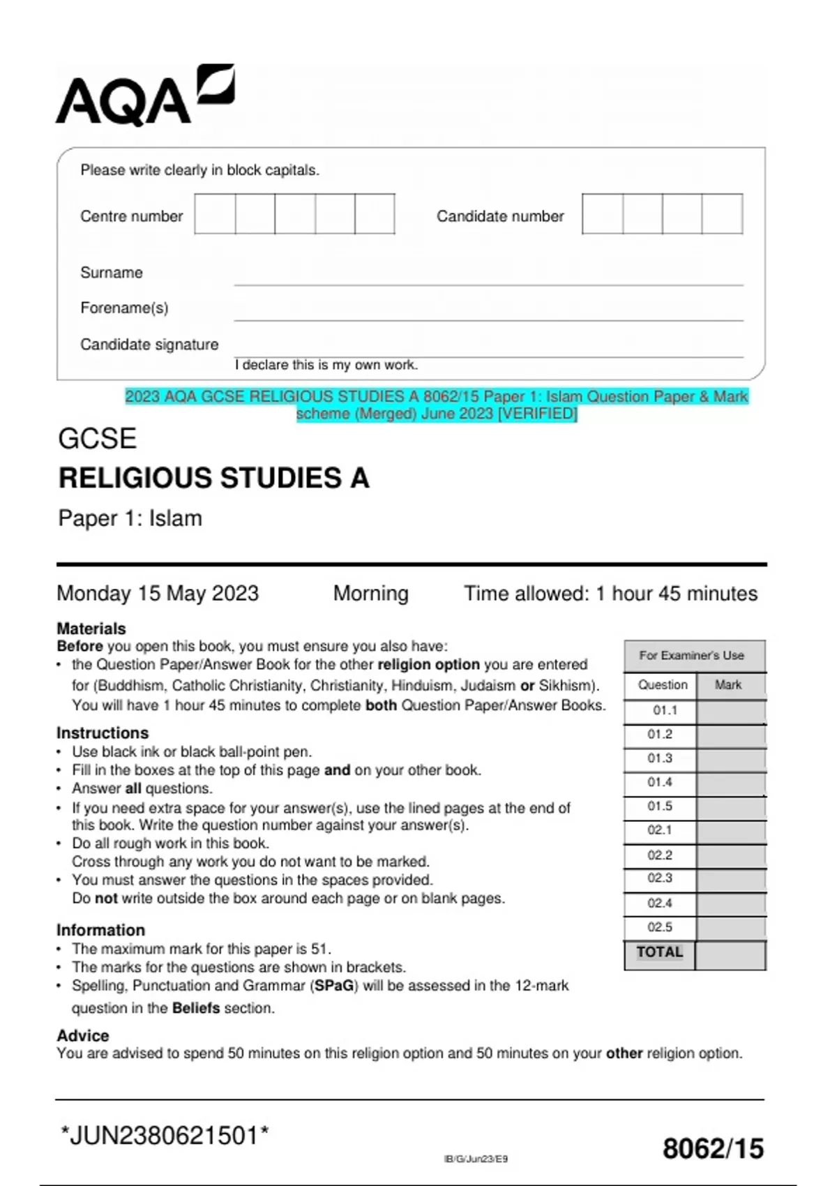 2023 AQA GCSE RELIGIOUS STUDIES A 8062/15 Paper 1: Islam Question Paper ...