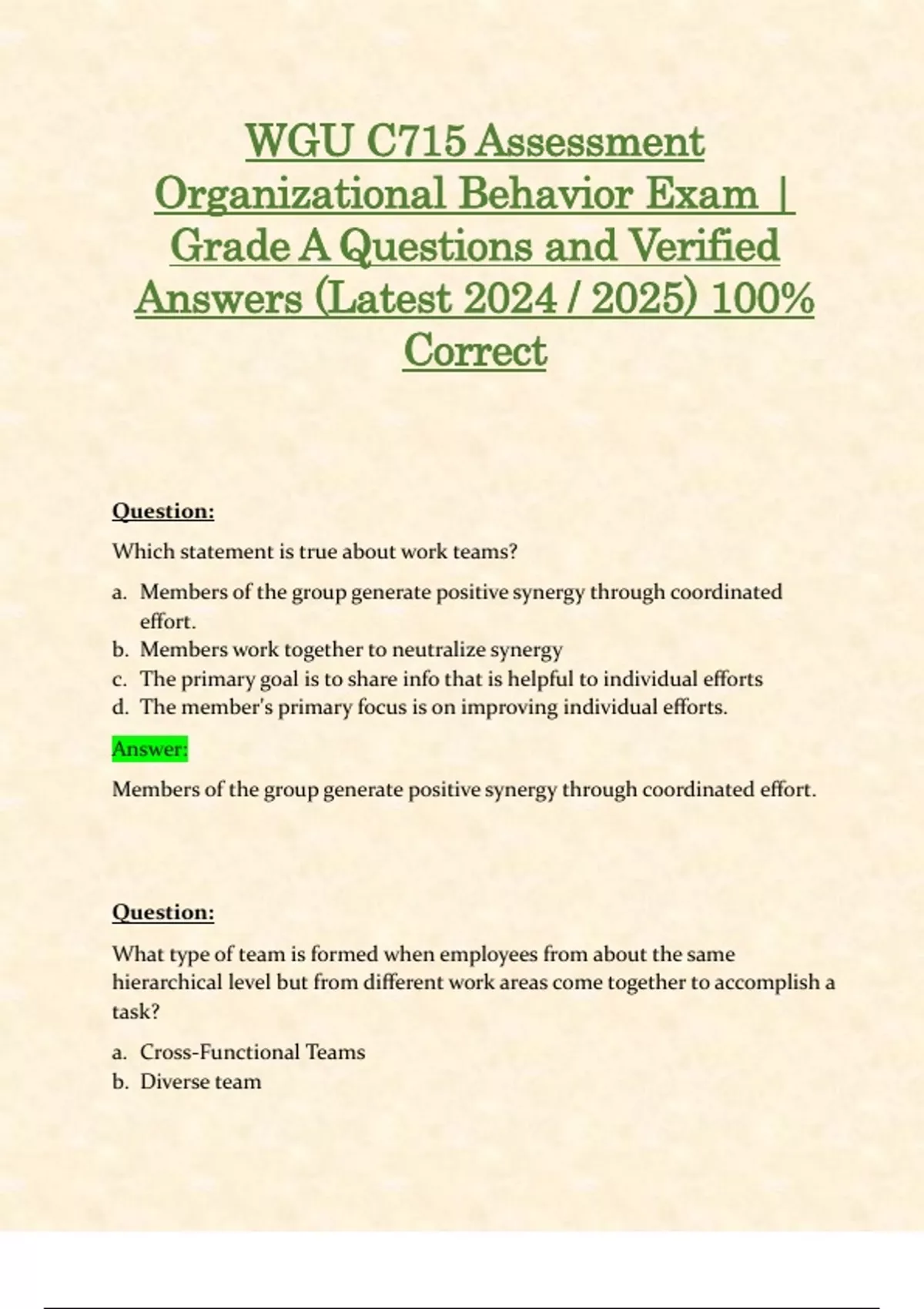 WGU C715 Assessment Organizational Behavior Exam | Grade A Questions ...