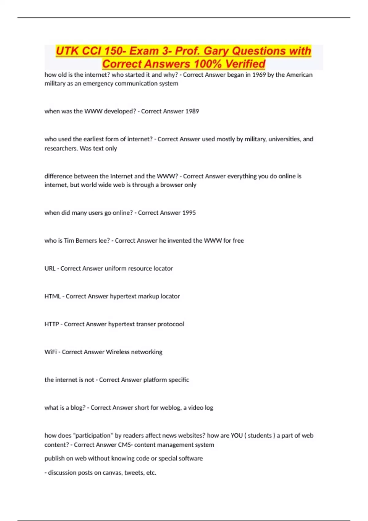 UTK CCI 150- Exam 3- Prof. Gary Questions with Correct Answers 100% ...