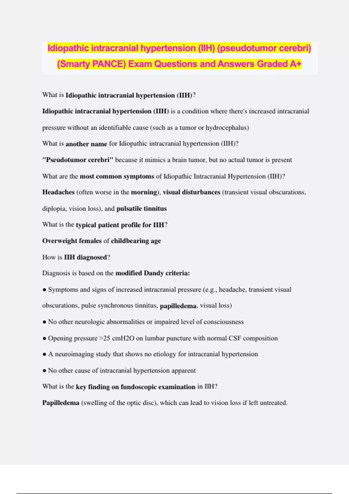 Idiopathic intracranial hypertension (IIH) (pseudotumor cerebri ...