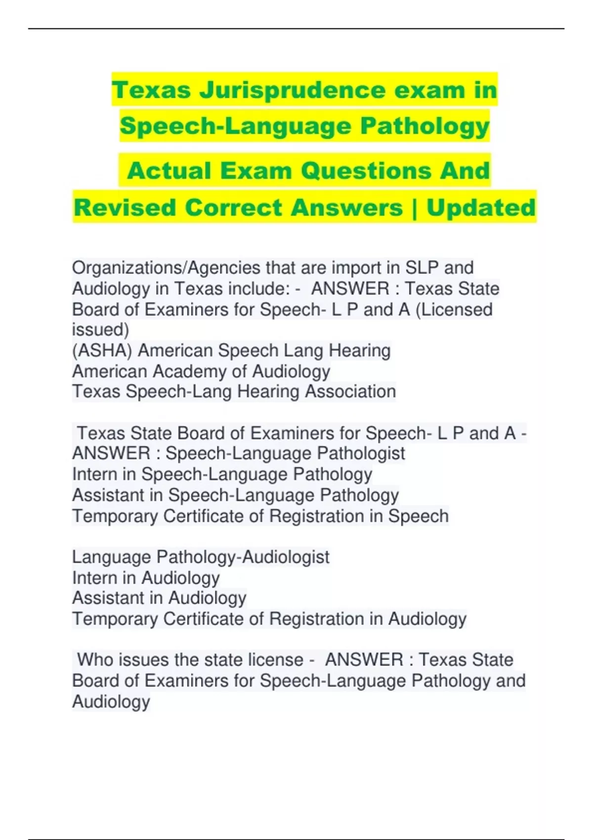 Texas Jurisprudence exam in Speech-Language Pathology Actual Exam ...