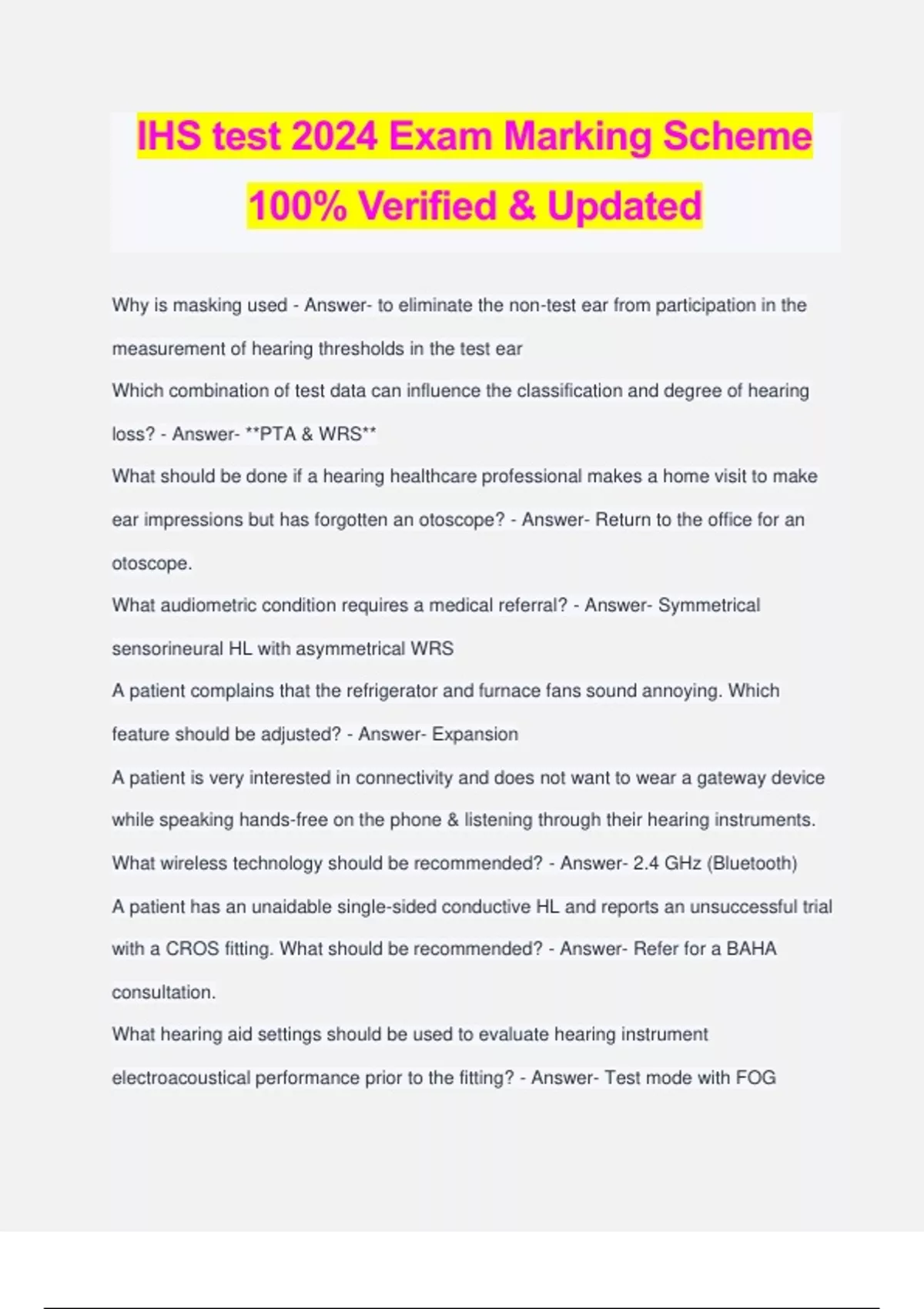 IHS test 2024 Exam Marking Scheme 100% Verified & Updated - IHS - Stuvia US