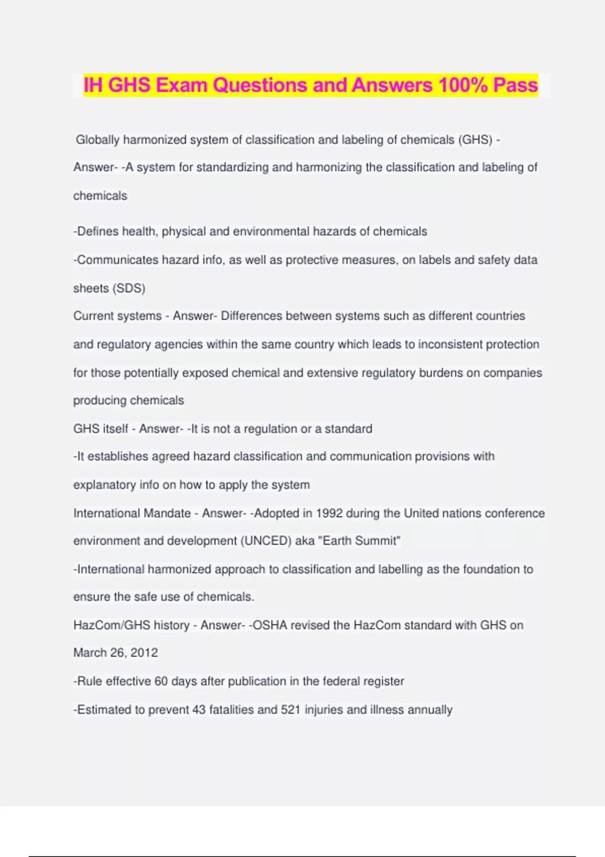 IH GHS Exam Questions and Answers 100% Pass - IHS - Stuvia US