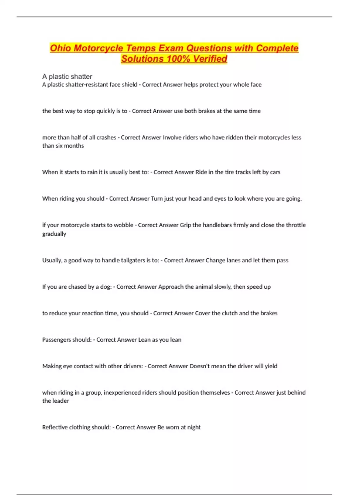 Ohio Motorcycle Temps Exam Questions with Complete Solutions 100% ...