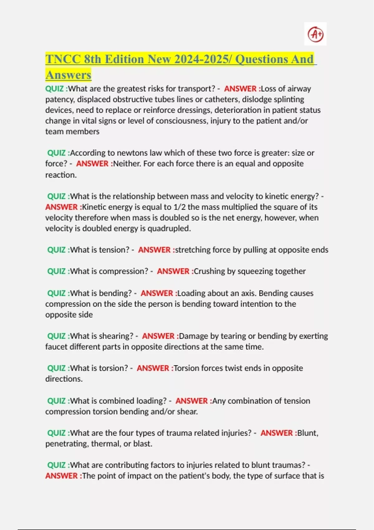 TNCC 8th Edition New / Questions And Answers - TNCC 8th Edition New ...