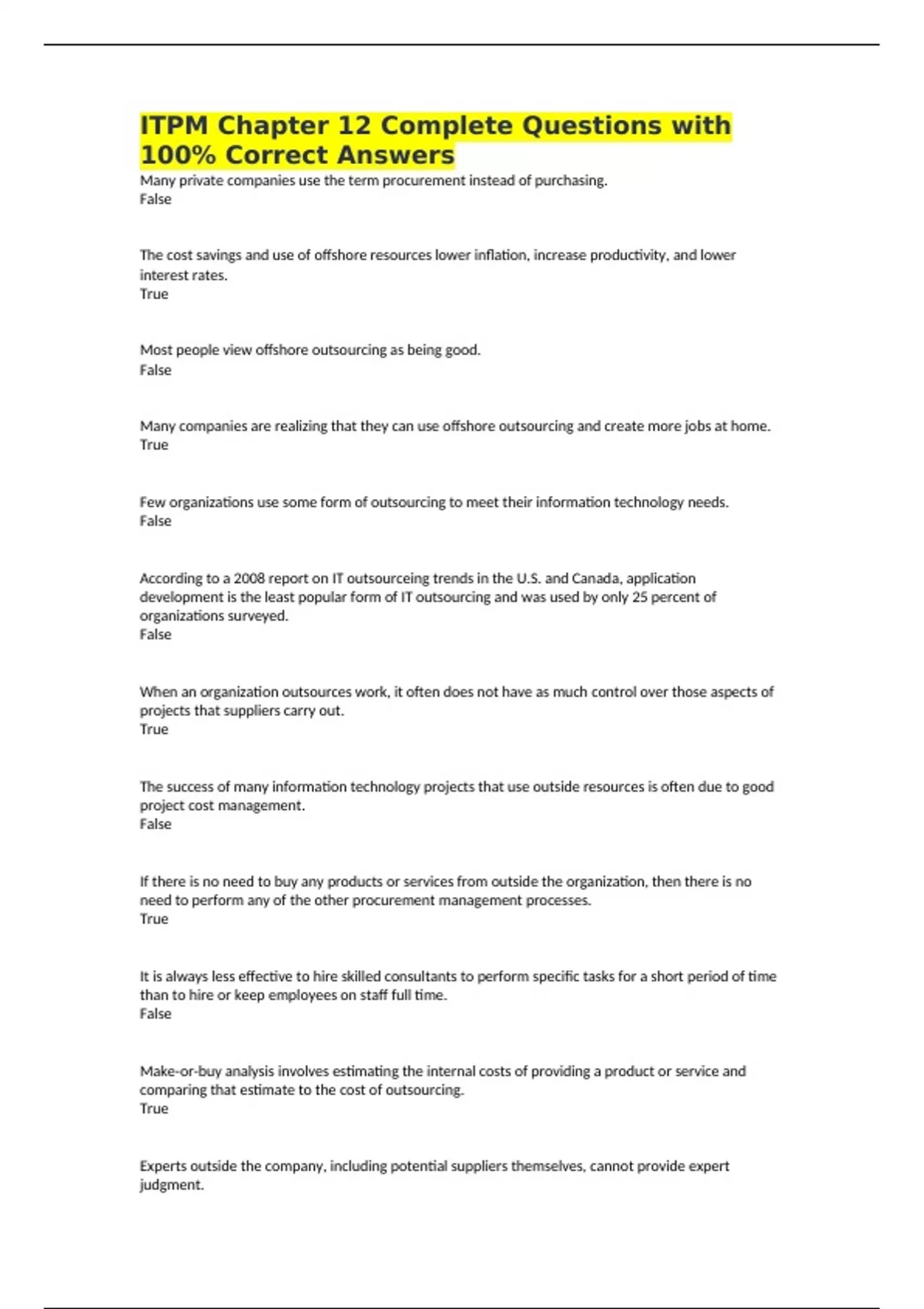 ITPM Chapter 12 Complete Questions with 100% Correct Answers - ITPM - Stuvia US