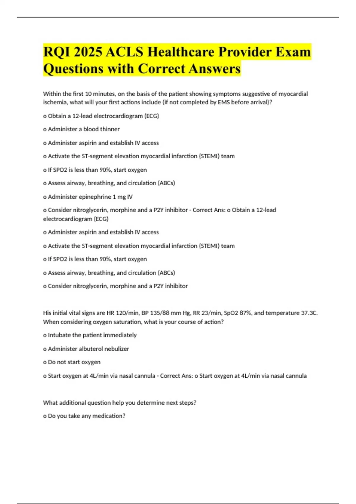 RQI 2025 ACLS Healthcare Provider Exam Questions with Correct Answers ...