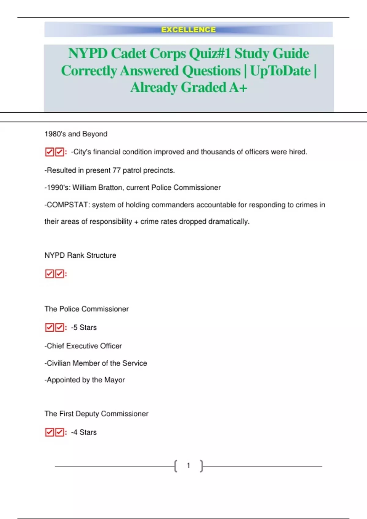 NYPD Cadet Corps Quiz#1 Study Guide Correctly Answered Questions ...