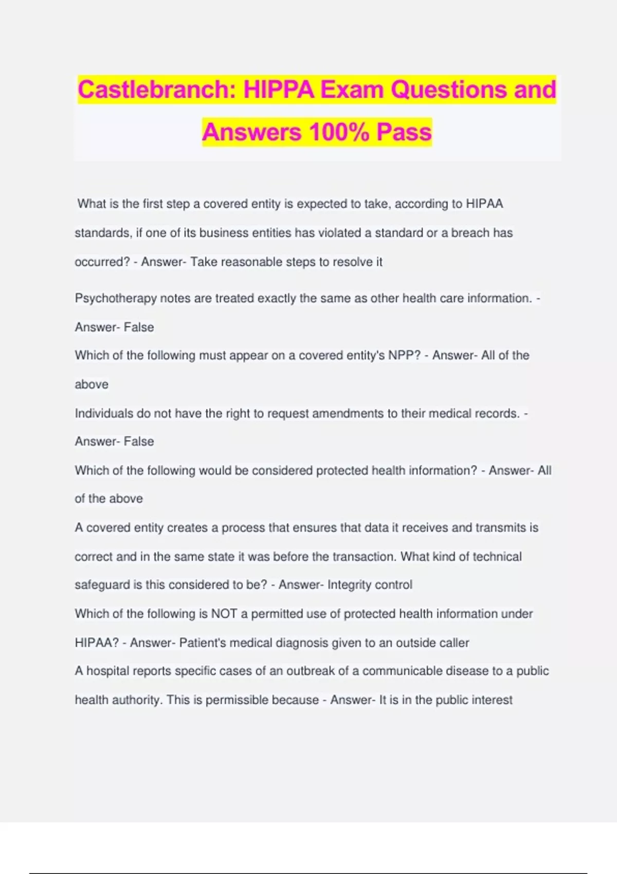 Castlebranch: HIPPA Exam Questions and Answers 100% Pass - HIPAA ...