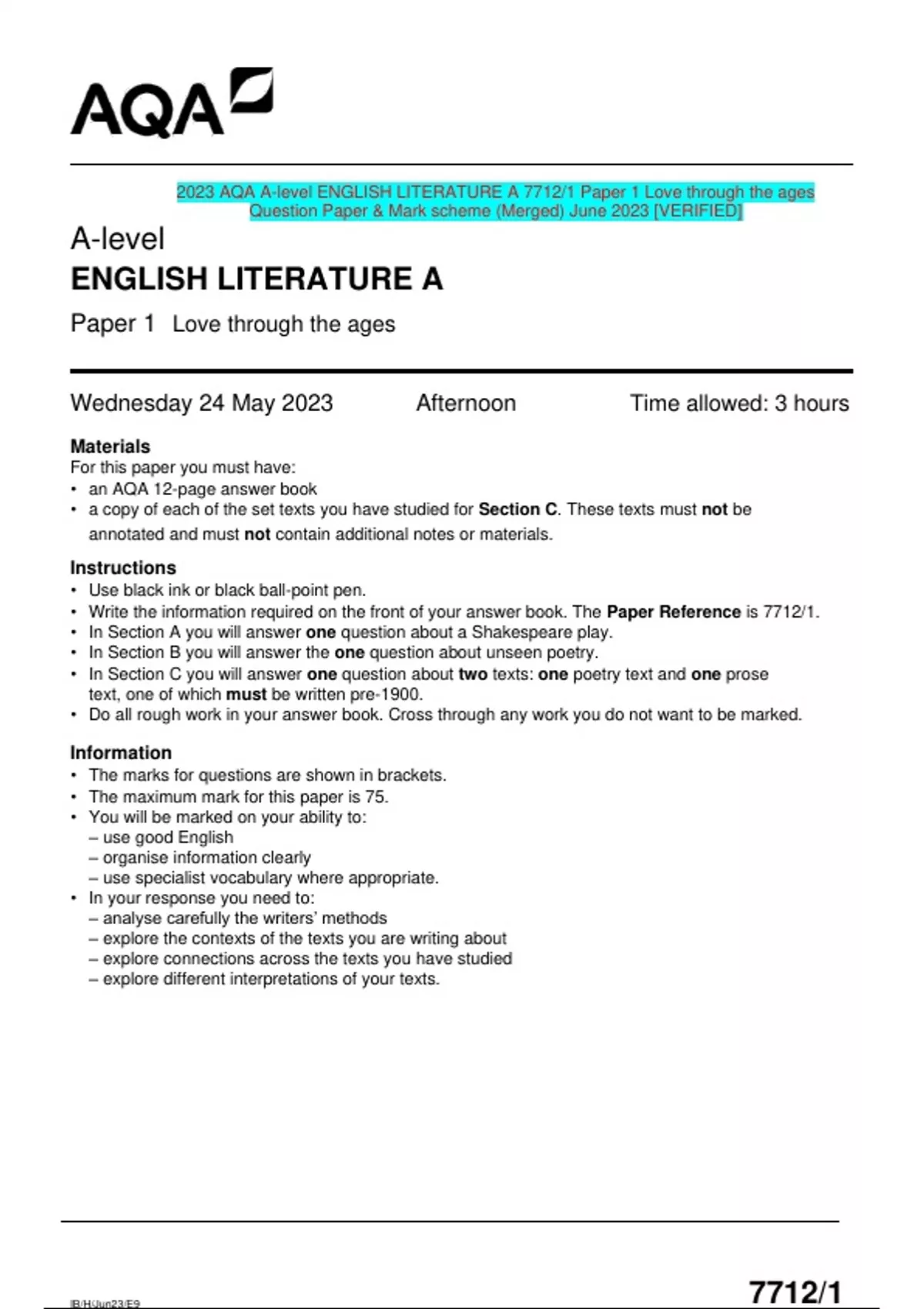 2023 AQA A-level ENGLISH LITERATURE A 7712/1 Paper 1 Love through the ages Question Paper & Mark ...