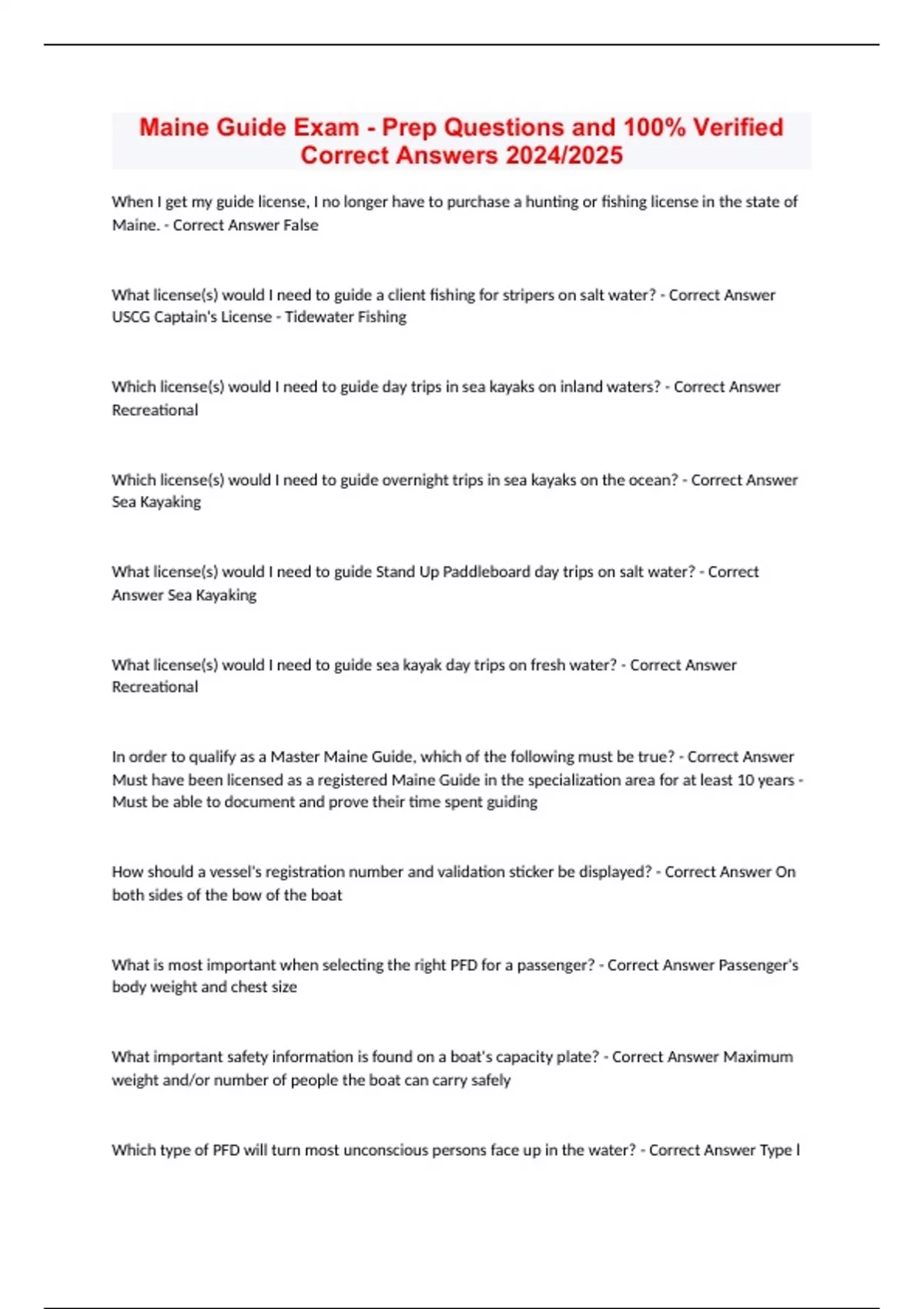 Maine Guide Exam - Prep Questions and 100% Verified Correct Answers ...