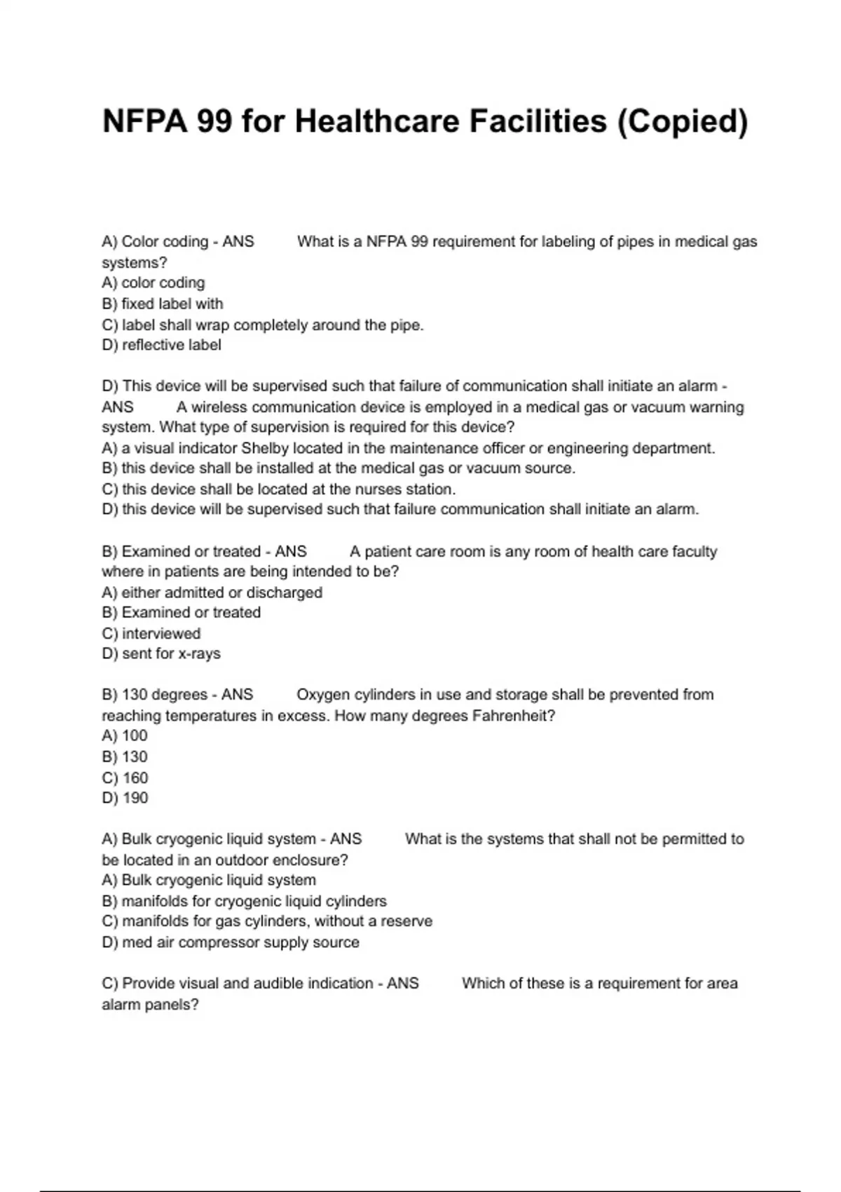 NFPA 99 for Healthcare Facilities (Copied) Questions With Correct ...