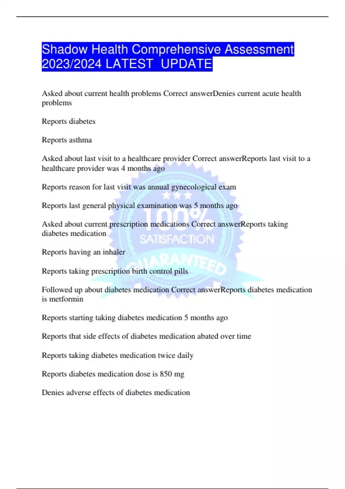 Shadow Health Comprehensive Assessment 2023/2024 LATEST UPDATE ...