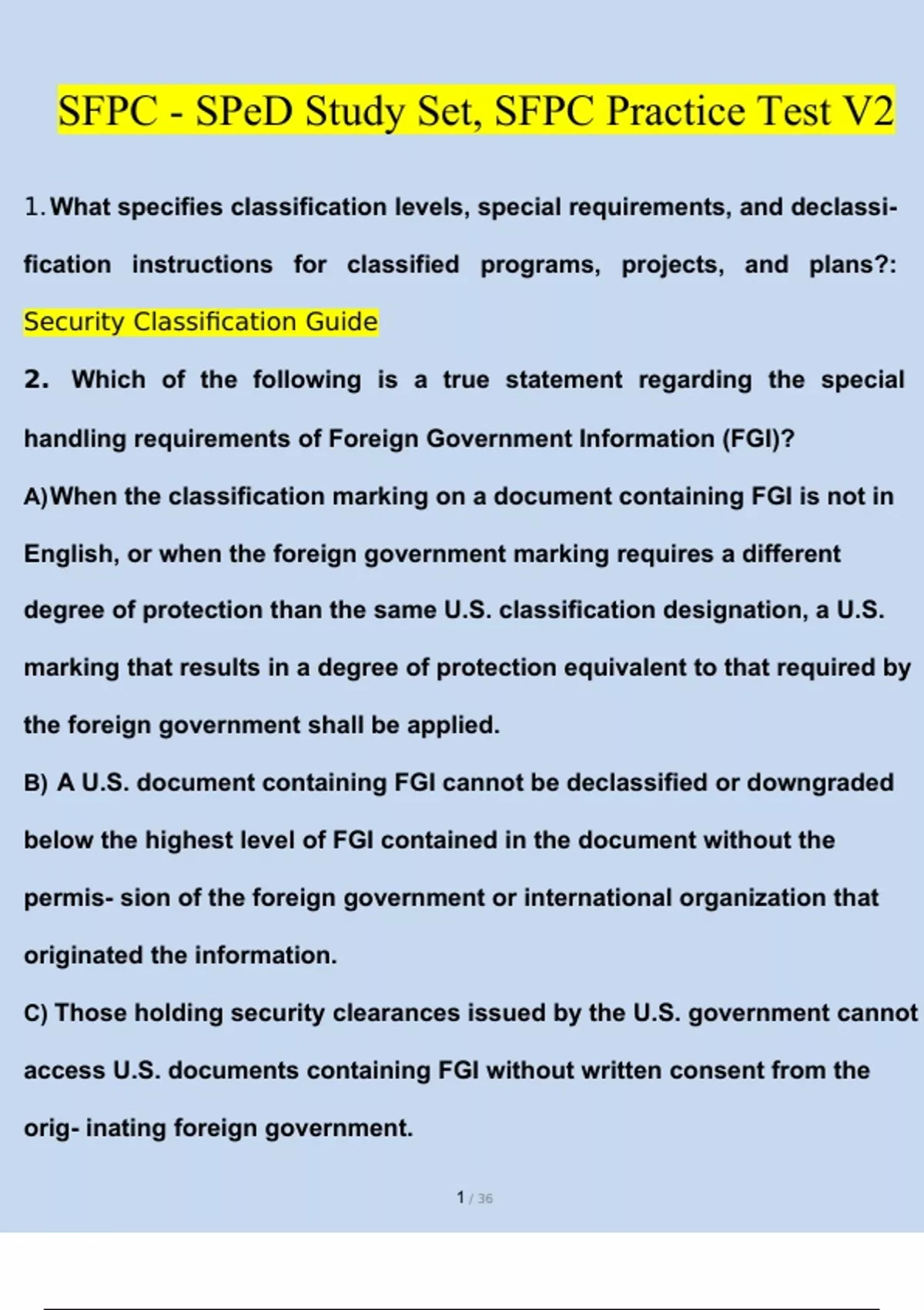 SFPC - SPeD Study Set, SFPC Practice Test V2. 2024/2025 with 100% ...