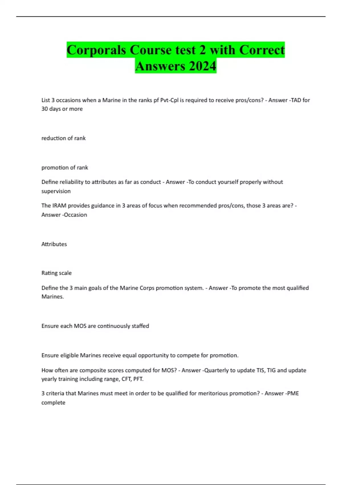 Corporals Course Test 2 With Correct Answers 2024 Corporals Course Stuvia Us