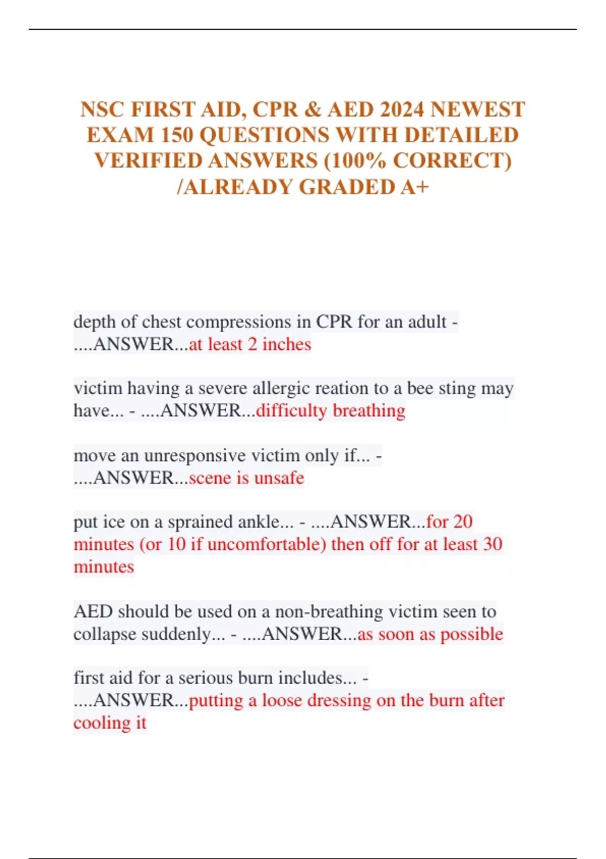 NSC FIRST AID, CPR & AED 2024 NEWEST EXAM 150 QUESTIONS WITH DETAILED VERIFIED ANSWERS (100% ...