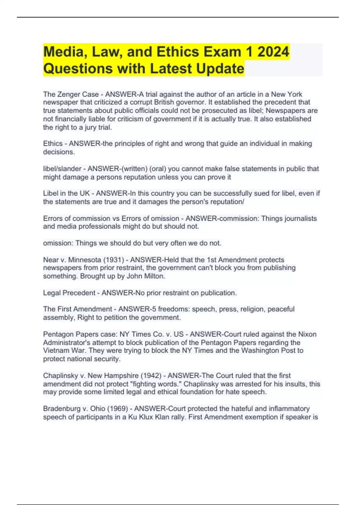 Media, Law, and Ethics Exam 1 2024 Questions with Latest Update - Media ...