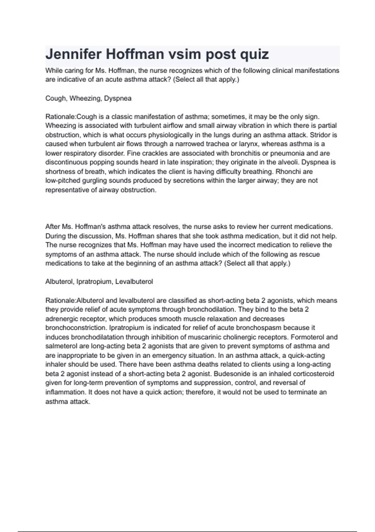 Jennifer Hoffman vsim post quiz - VSIM - Stuvia US