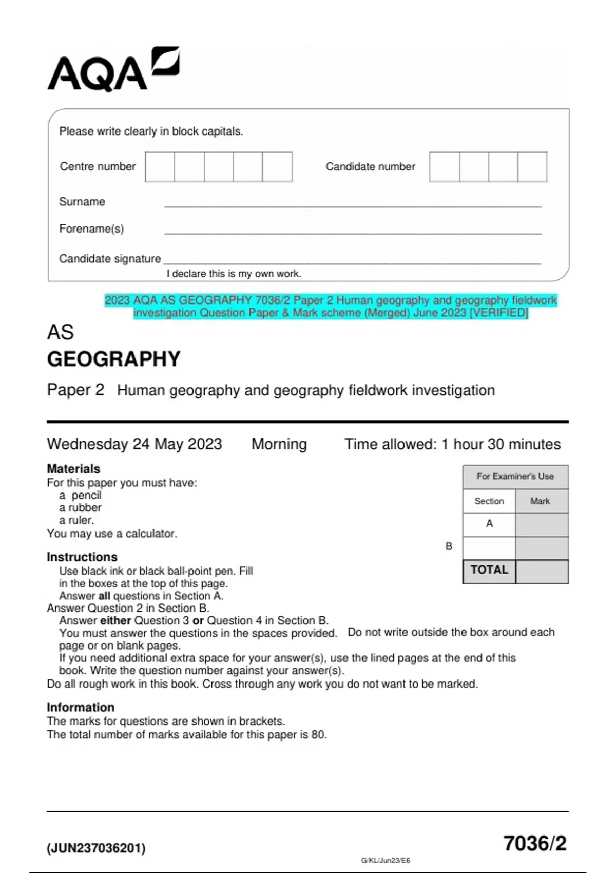 2023 AQA AS GEOGRAPHY 7036/2 Paper 2 Human geography and geography ...