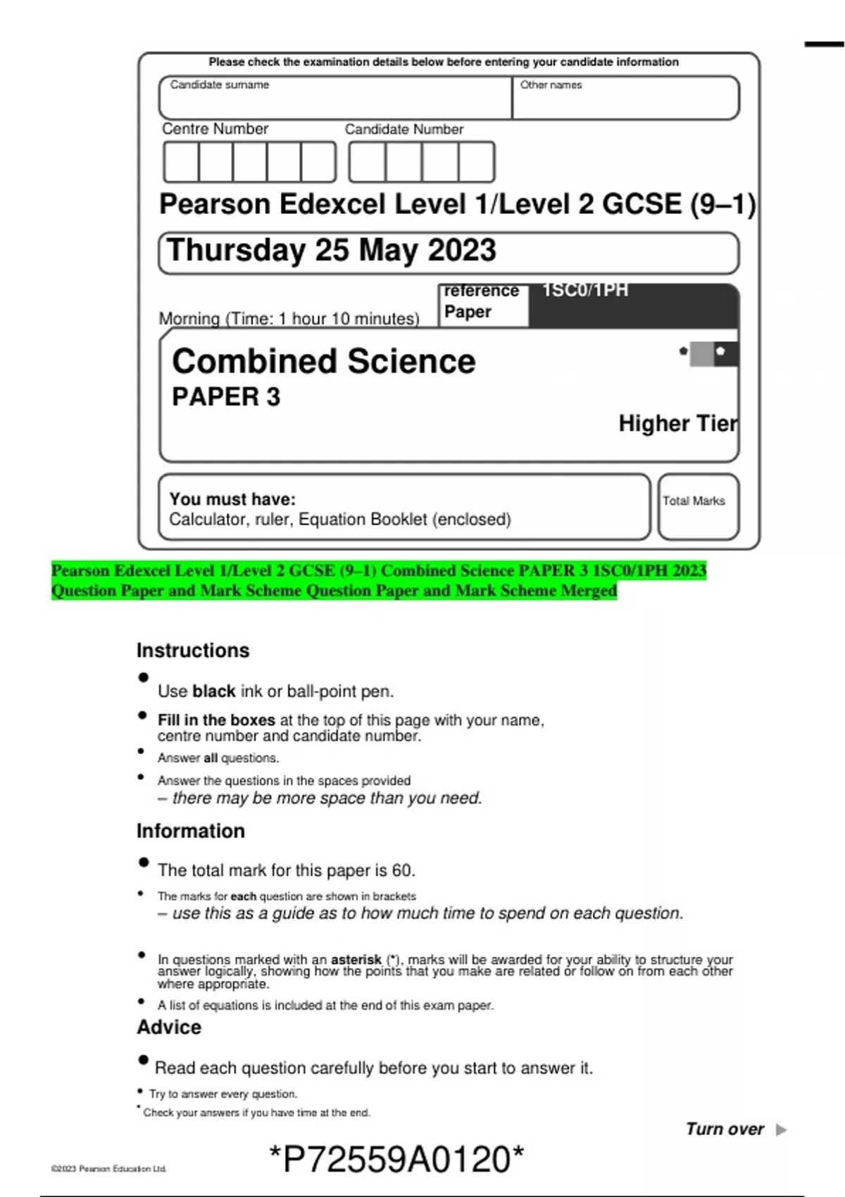 Pearson Edexcel Level 1/Level 2 GCSE (9–1) Combined Science PAPER 3 ...