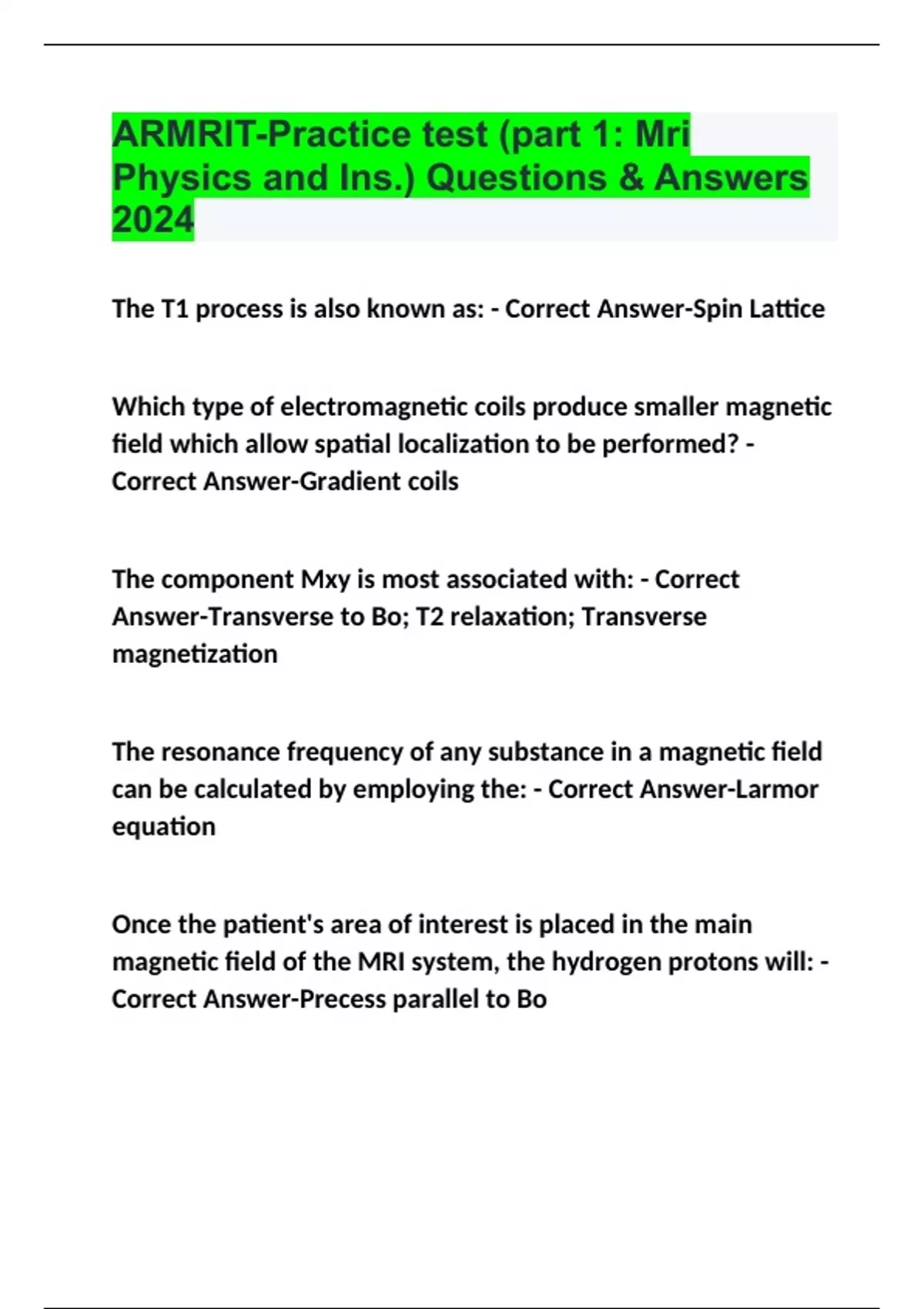 ARMRIT-Practice test (part 1: Mri Physics and Ins.) Questions & Answers ...