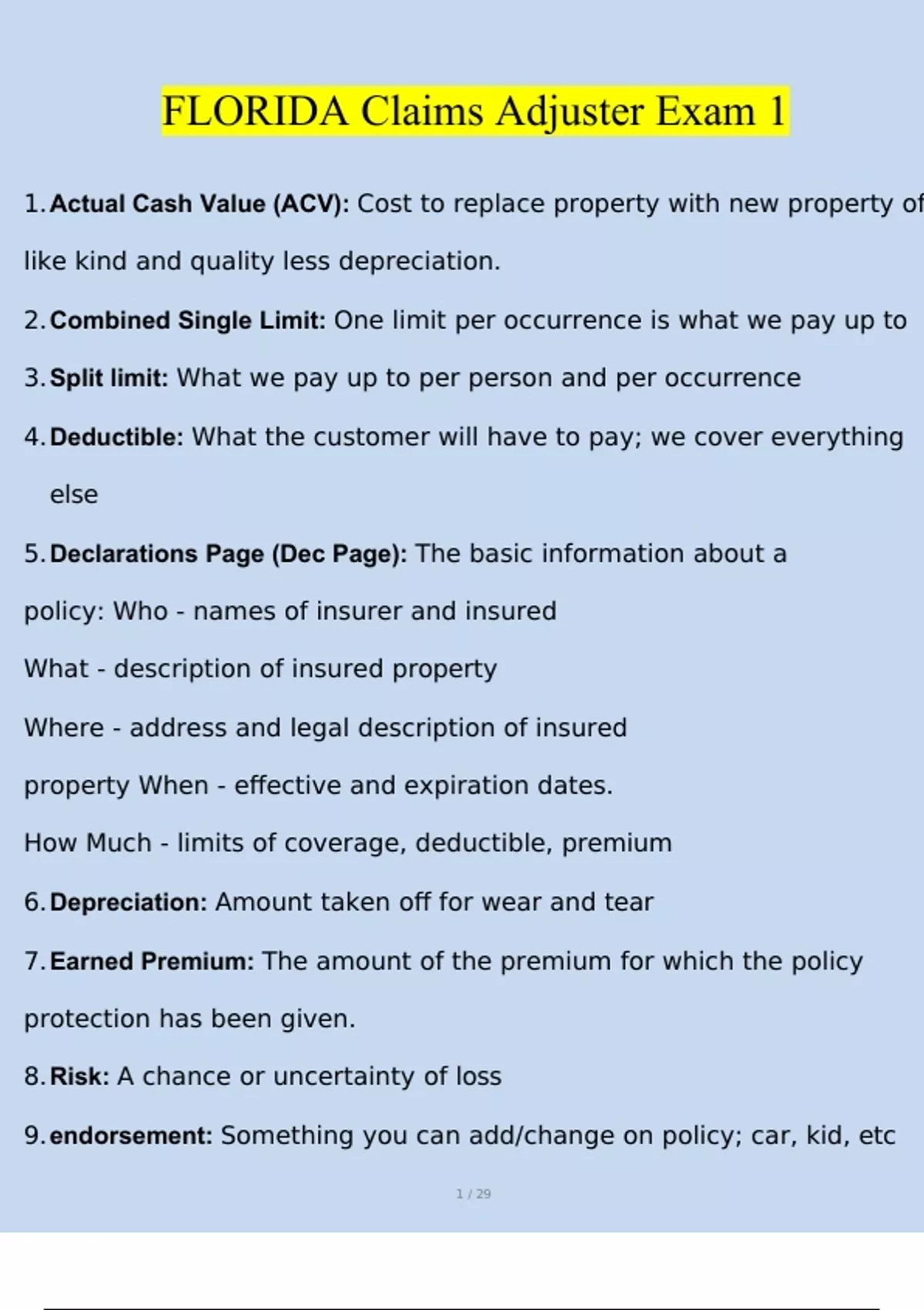 FLORIDA Claims Adjuster Exam 1 Questions and Answers (2024 / 2025 ...