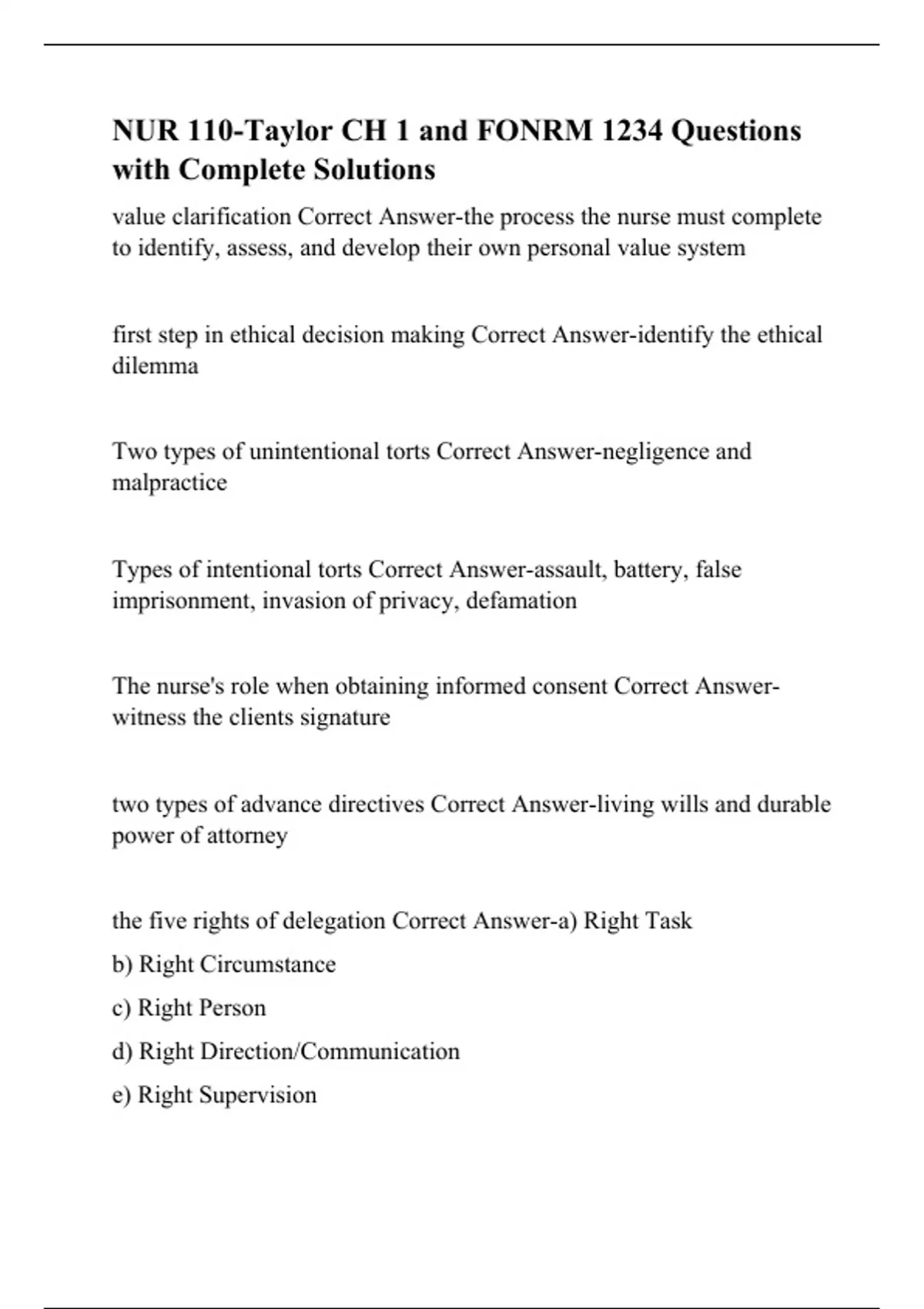 NUR 110-Taylor CH 1 and FONRM 1234 Questions with Complete Solutions ...