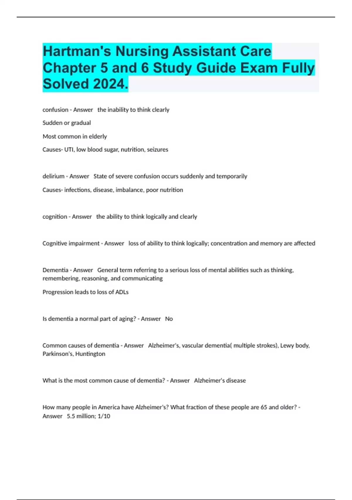 Hartman's Nursing Assistant Care Chapter 5 and 6 Study Guide Exam Fully ...