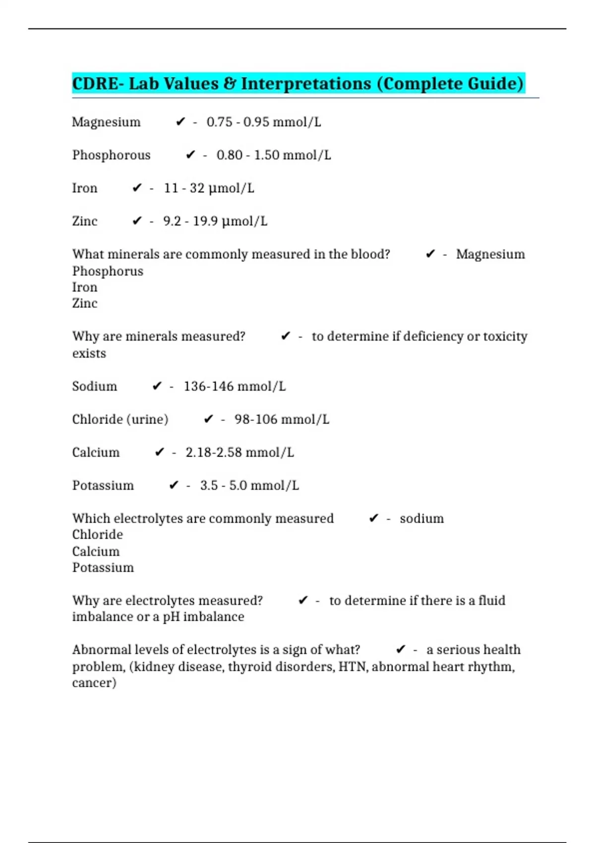 CDRE- Lab Values & Interpretations (Complete Guide) - CDRE - Stuvia US