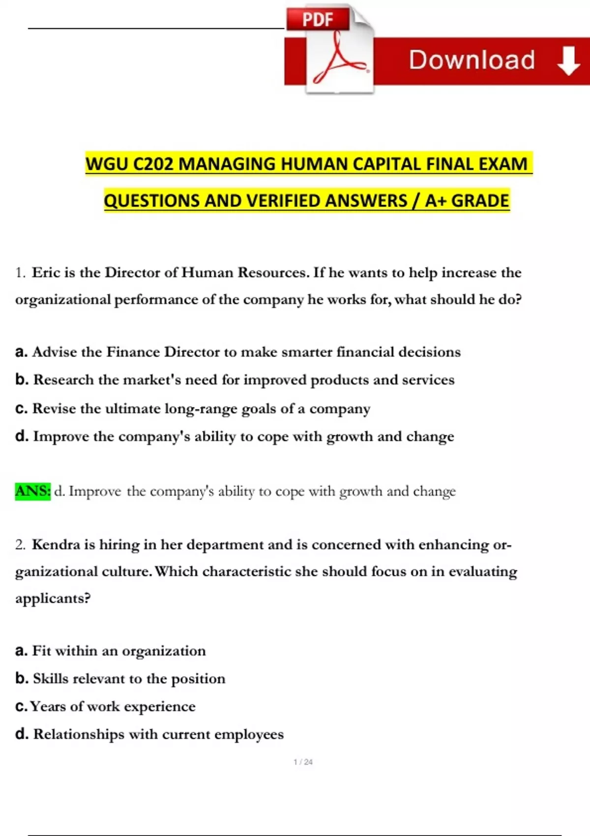 WGU C202 MANAGING HUMAN CAPITAL FINAL EXAM QUESTIONS AND VERIFIED ANSWERS (2025 / 2026) / A+ ...