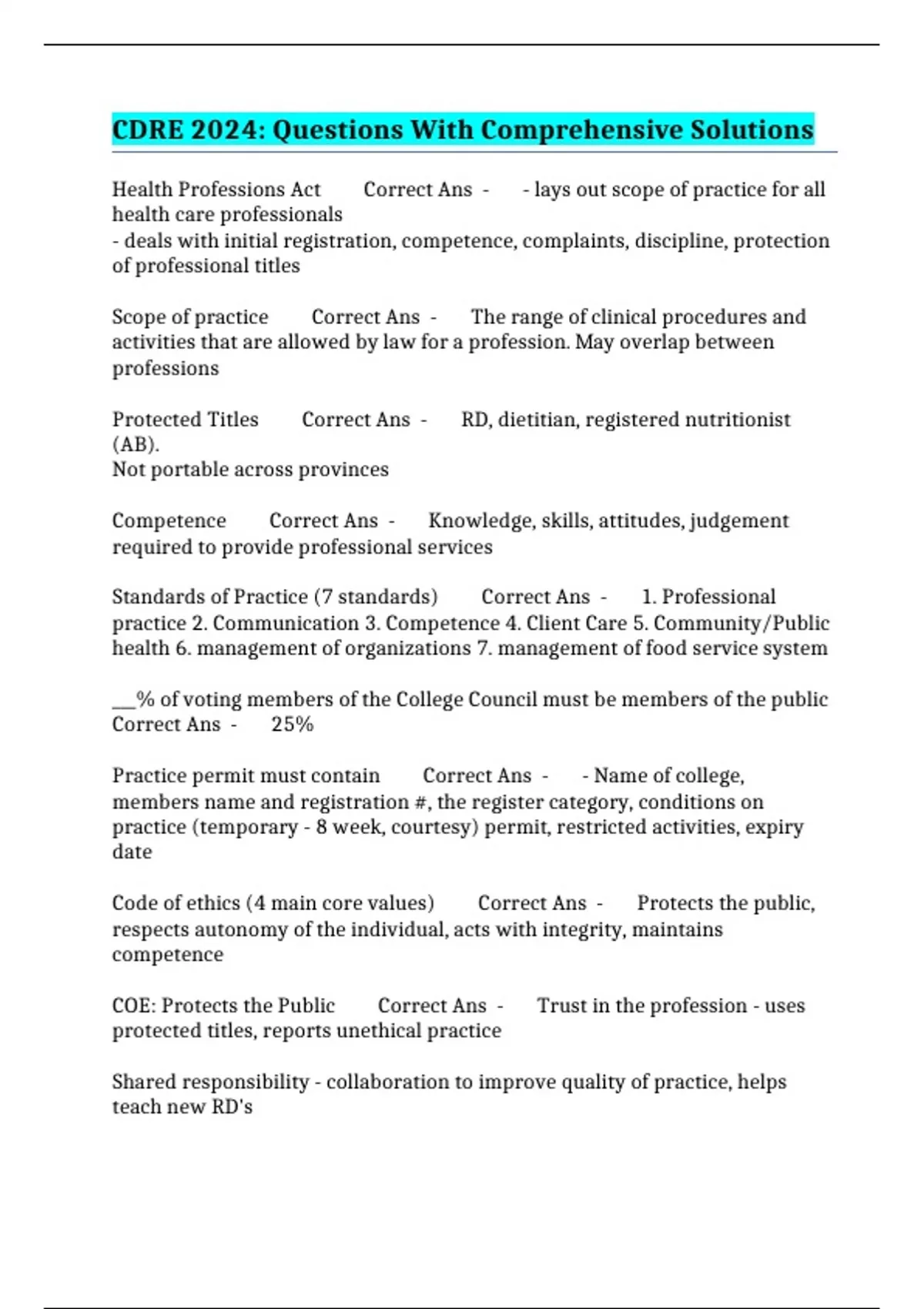 CDRE 2024: Questions With Comprehensive Solutions - CDRE - Stuvia US