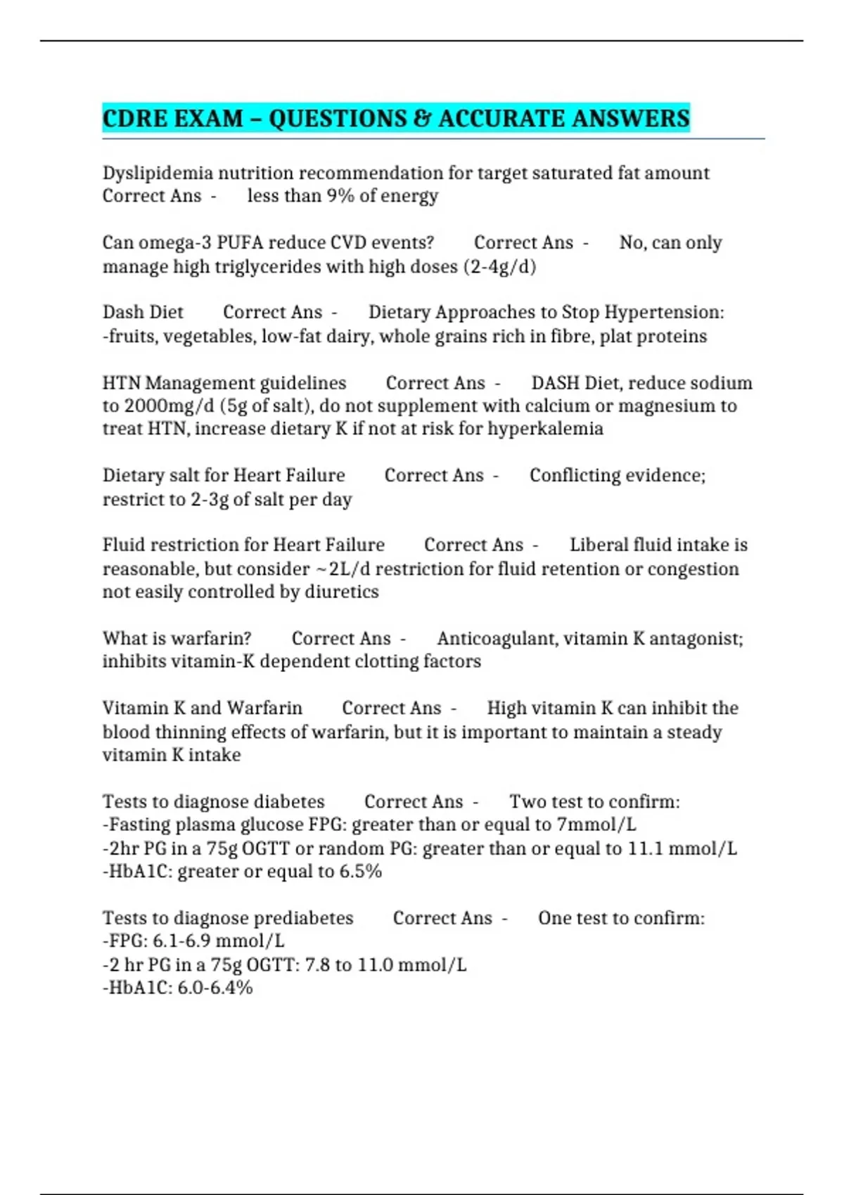 CDRE EXAM – QUESTIONS & ACCURATE ANSWERS - CDRE - Stuvia US